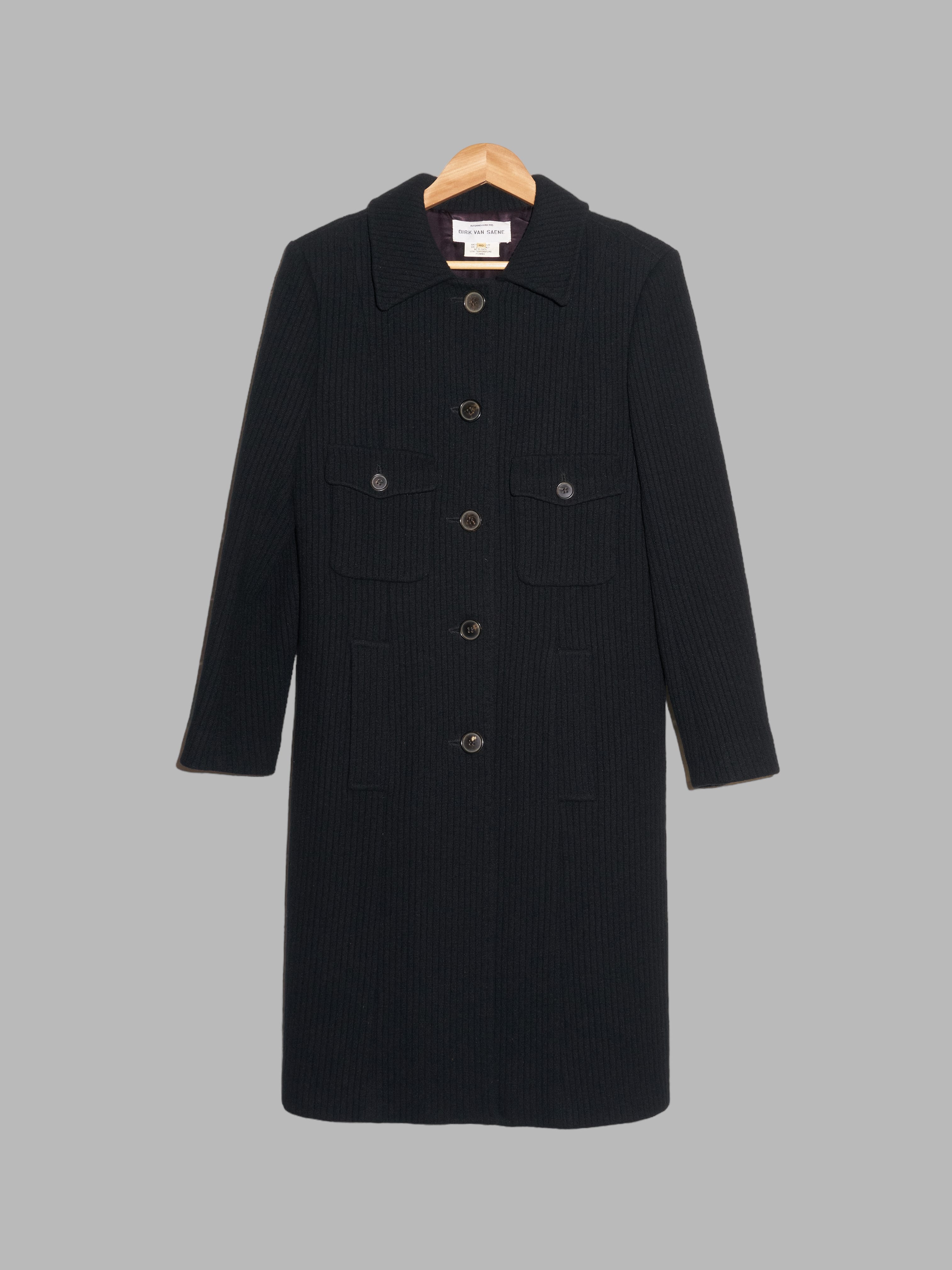 Dirk Van Saene winter 1995 black wool corduroy five button coat ...