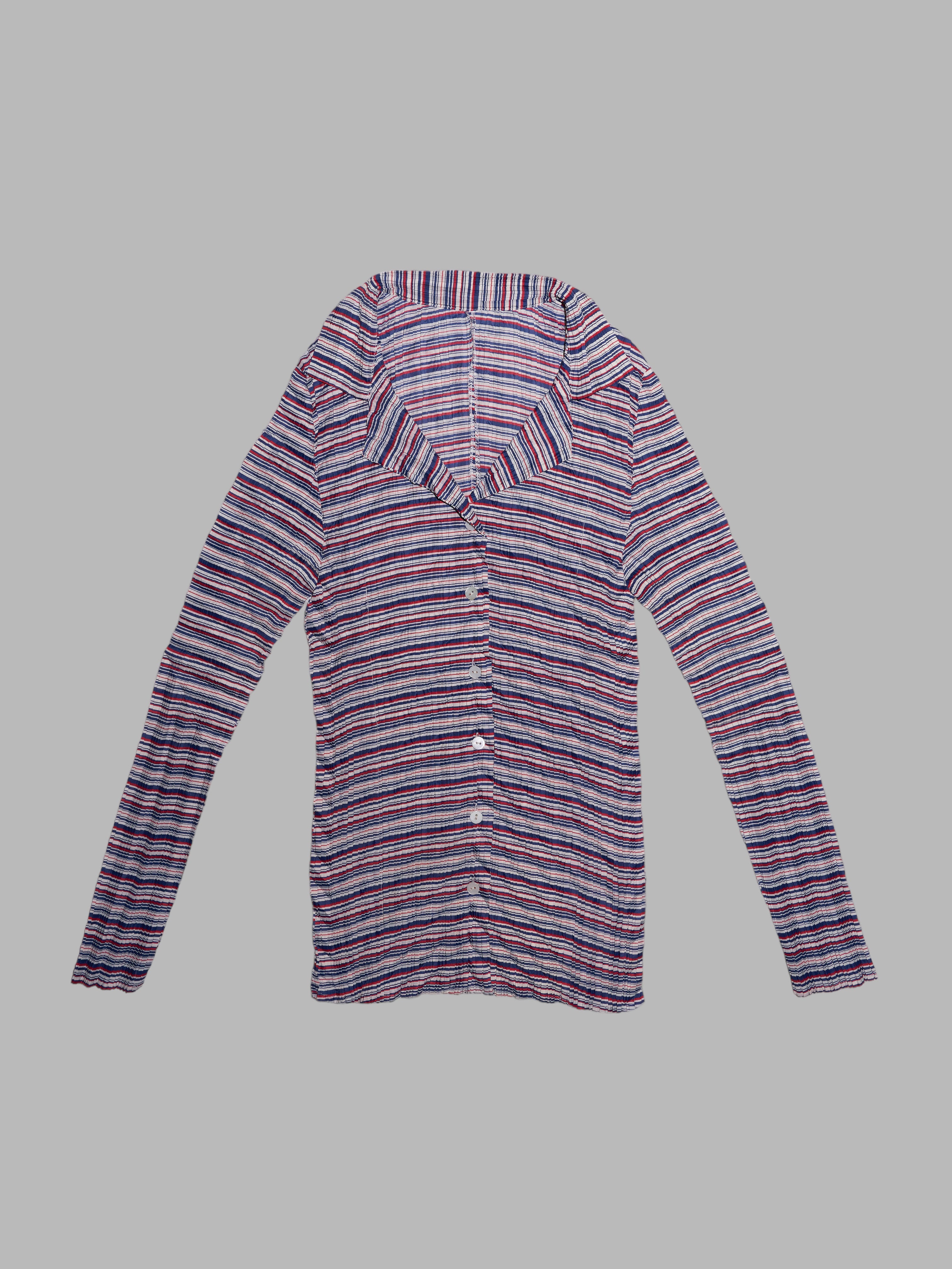 Wrinqle Inoue Pleats blue red white stripe pleated polyester shirt ...